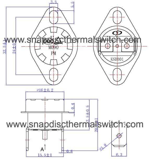 Vertical Terminal Snap Disc Thermal Switch Bimetal Snap Disc Thermostat